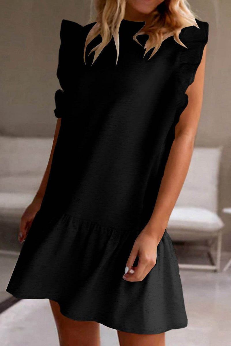 Black Flutter Sleeve Crew Neck Shift Dress | Fashion Queen