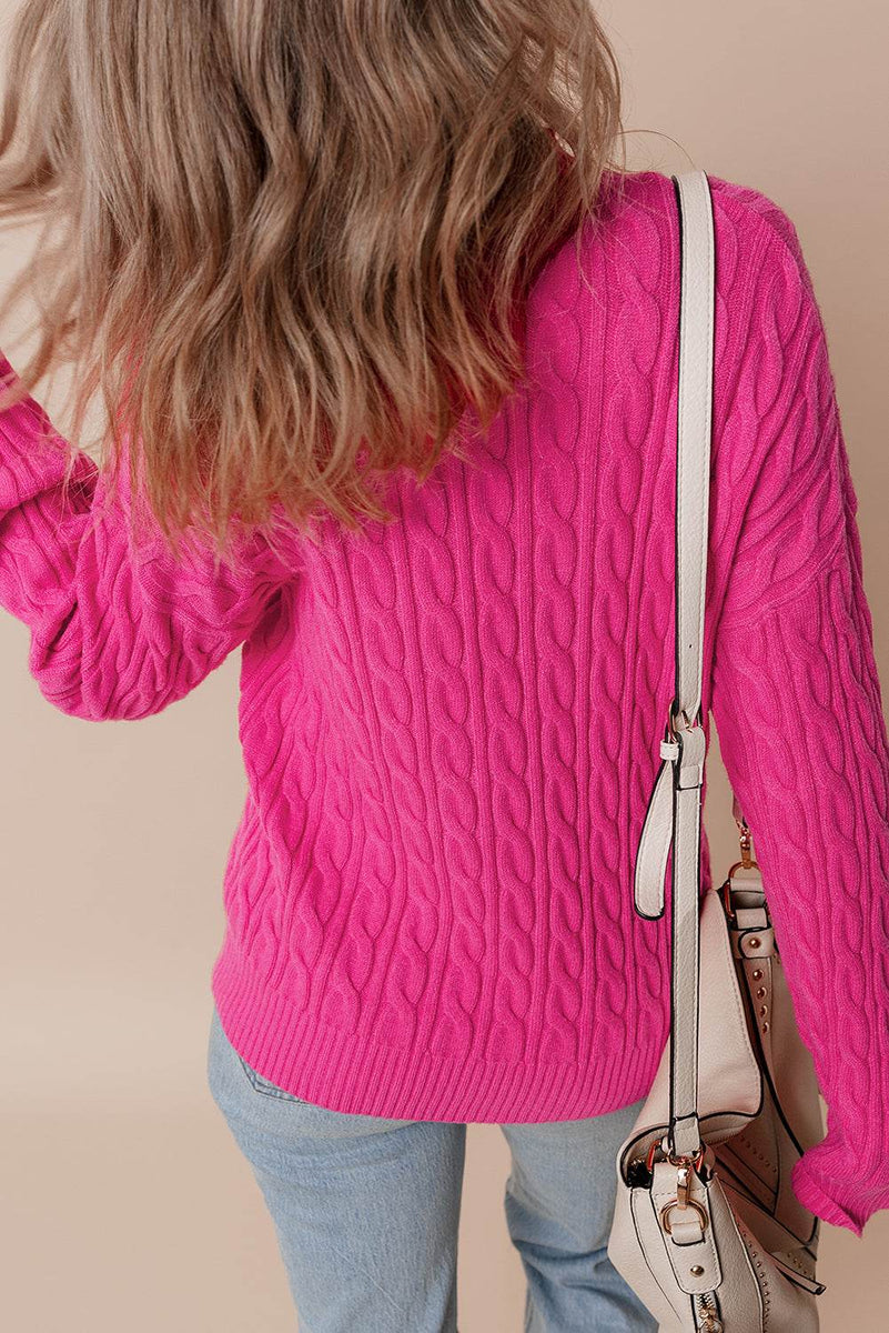 Rose Red Solid Cable Knit High Neck Drop Shoulder Sweater | Fashion Queen