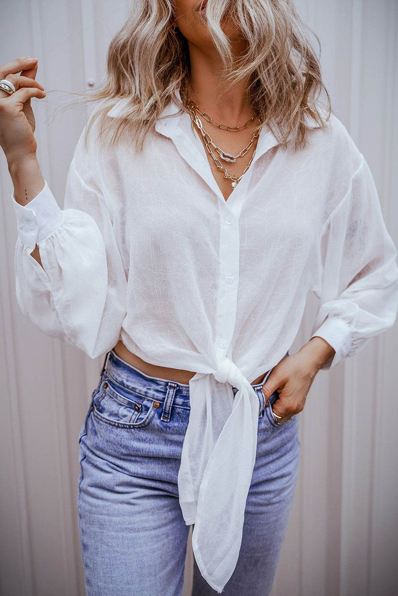 White Solid Knotted Front Loose Fit Sheer Shirt | Fashion Queen