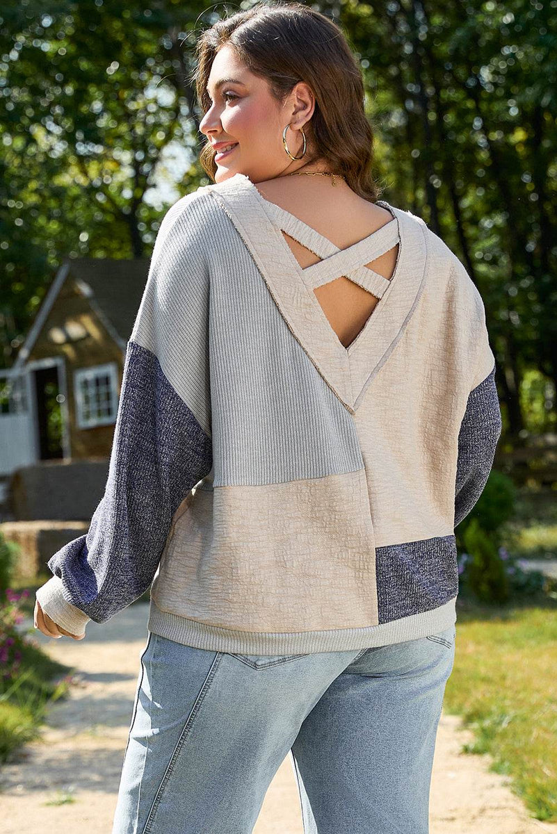 Ashleigh Blue Plus Size Textured Colorblock Patchwork V Neck Top ...