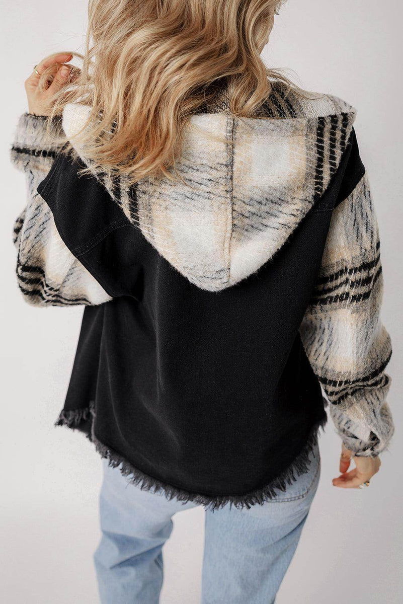 Black Plaid Sleeve Frayed Hem Hooded Denim Jacket | Fashion Queen