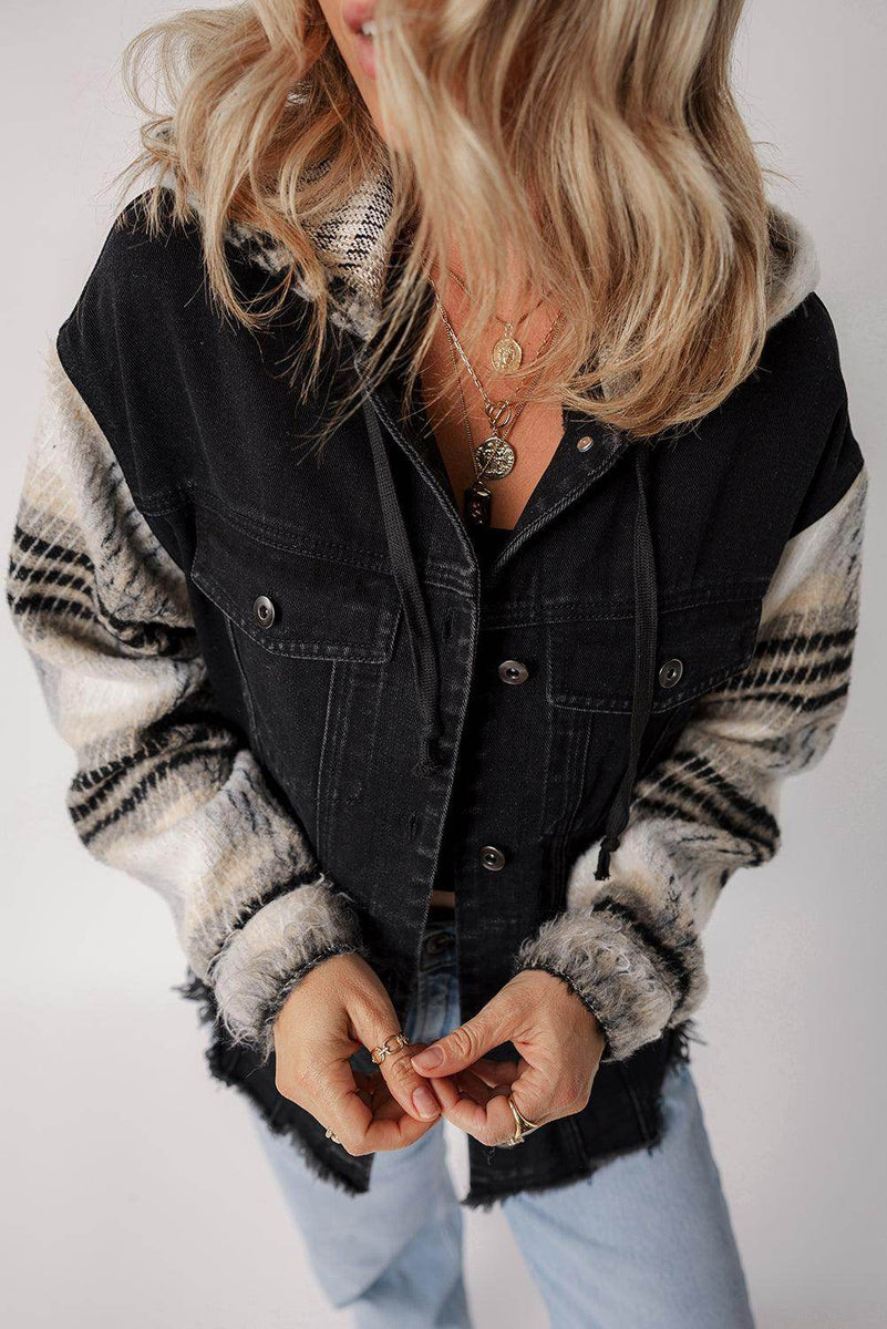 Black Plaid Sleeve Frayed Hem Hooded Denim Jacket | Fashion Queen