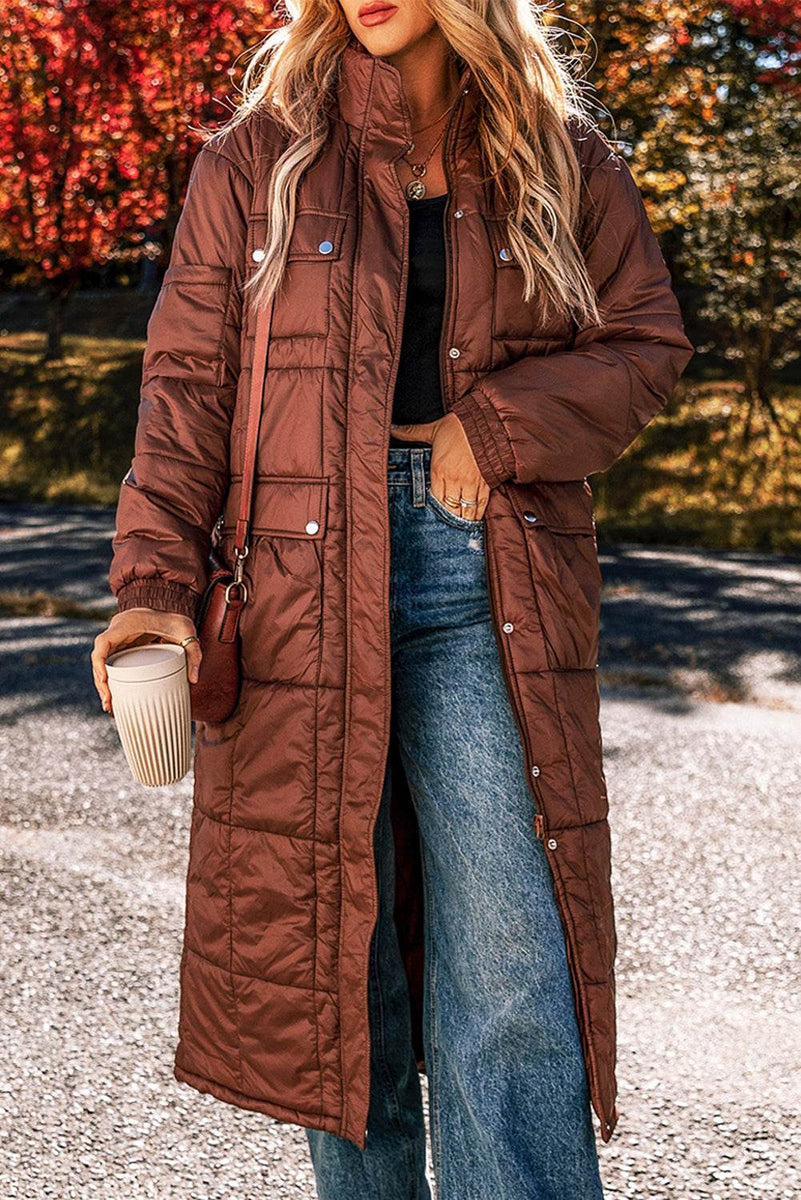 Coffee Quilted Puffer Stand Neck Zipped Mid-length Coat | Fashion Queen