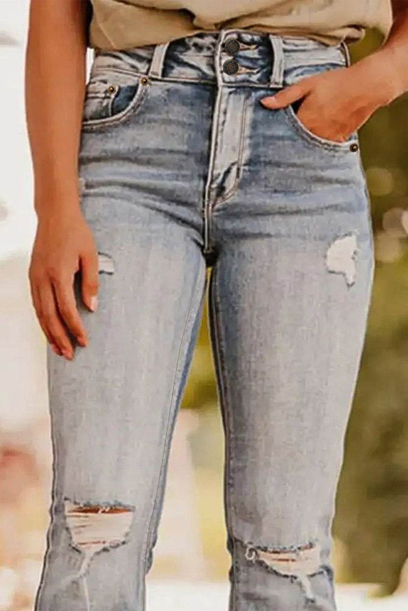 Dusk Blue Vintage Light Wash Ripped Raw Edge Flare Jeans | Fashion Queen