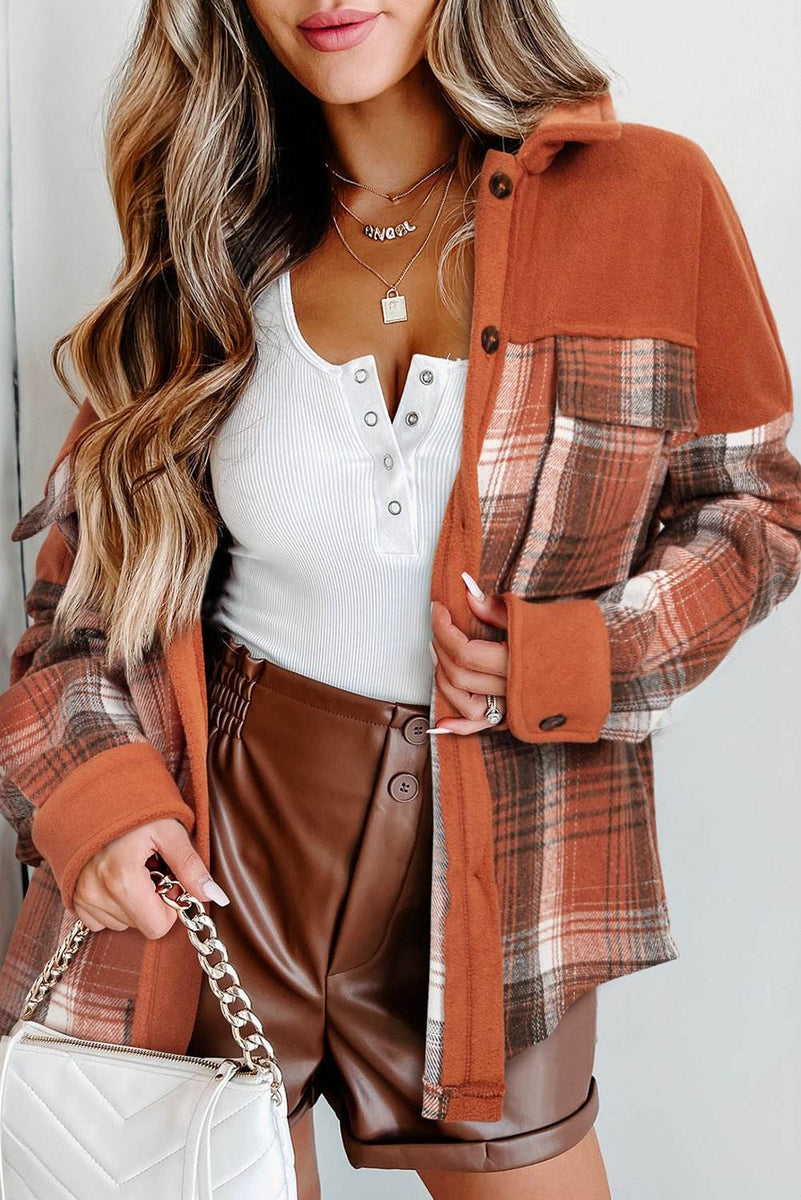 Khaki Colorblock Plaid Pattern Flap Pockets Buttoned Shacket | Fashion ...
