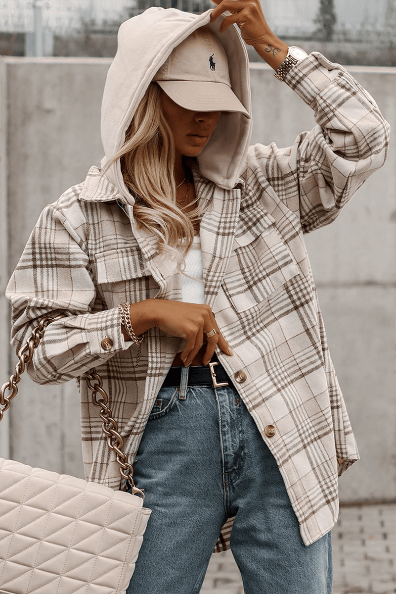 Khaki Plaid Removable Hood Buttoned Shacket | Fashion Queen