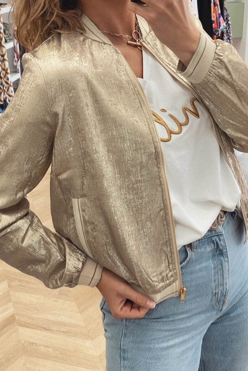 Pale Khaki Metallic Zip up Baseball Jacket | Fashion Queen