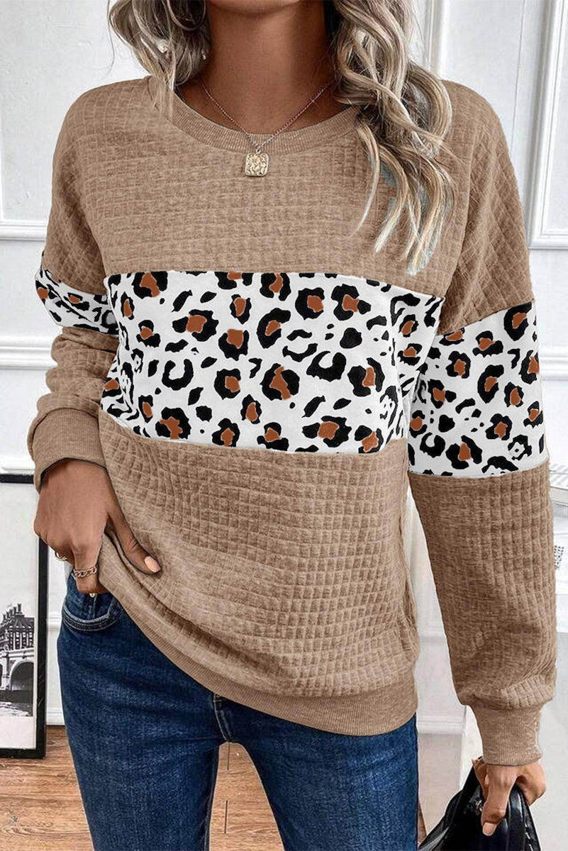 Parchment Leopard Quilted Patchwork Crew Neck Sweatshirt | Fashion Queen