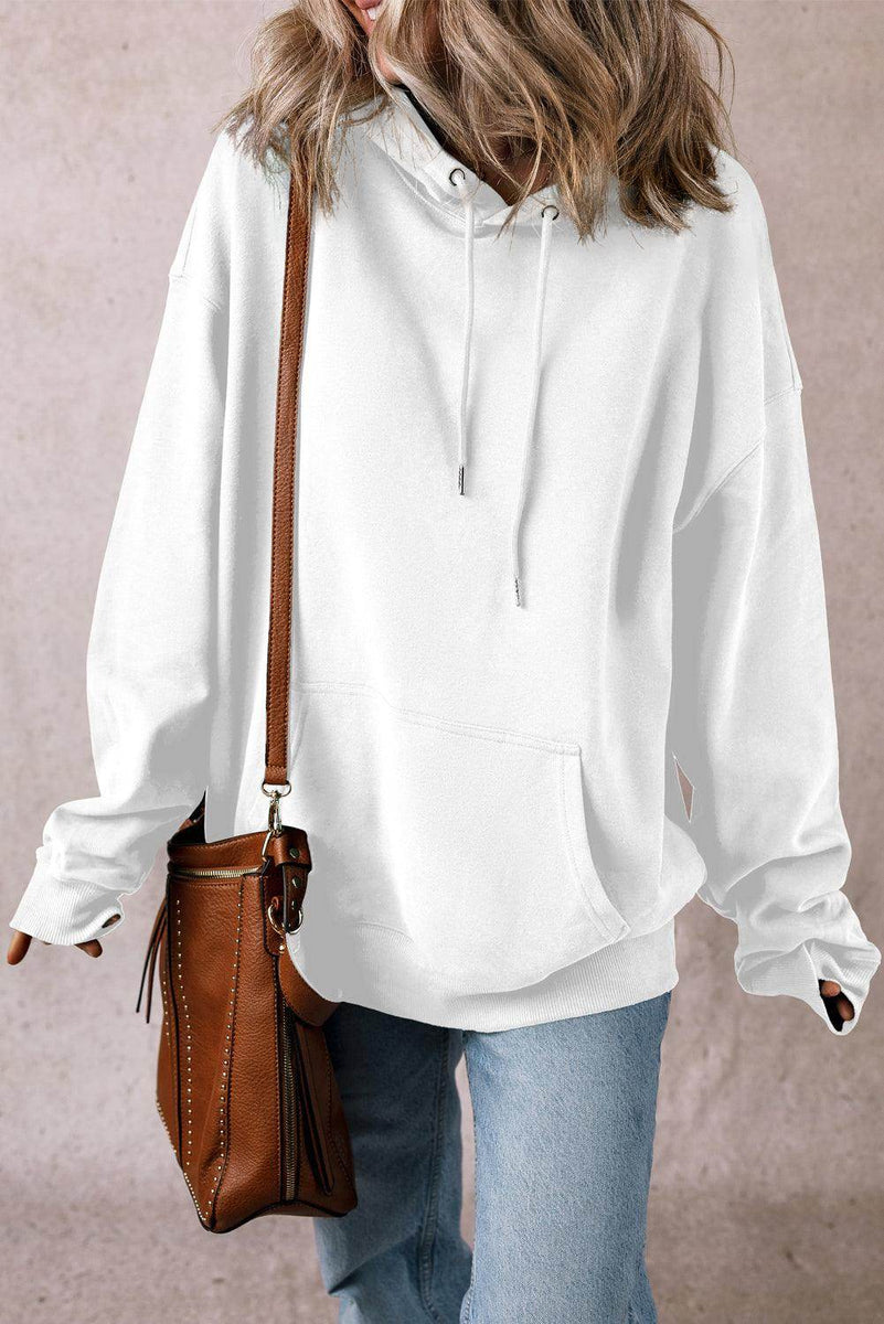 White Fleece Lined Kangaroo Pocket Drawstring Chunky Hoodie | Fashion Queen