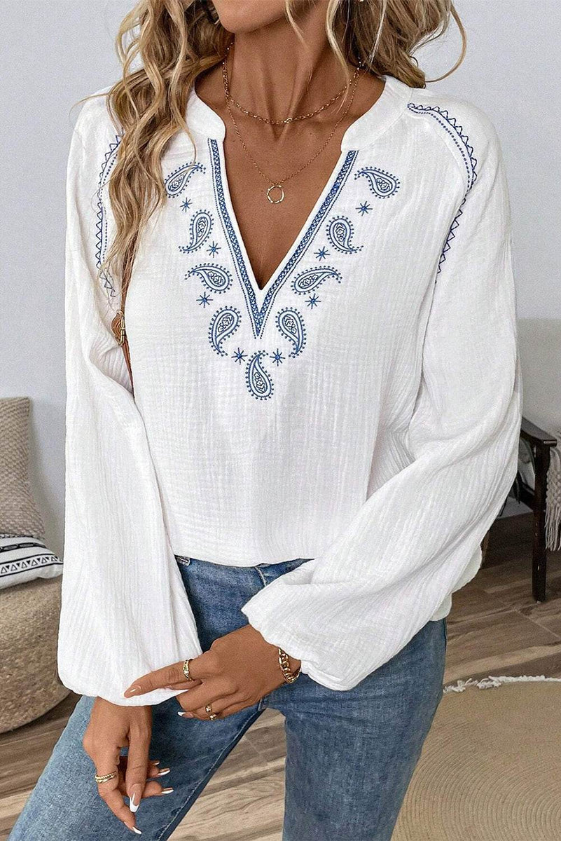 White Paisley Embroidered Textured Split Neck Long Puff Sleeve Blouse ...